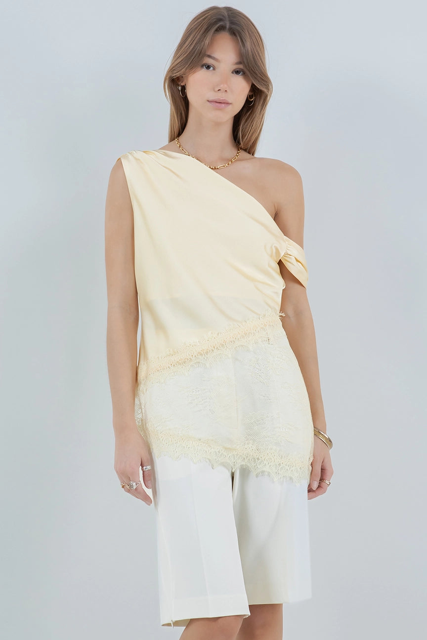 Elsie Asymmetrical One Shoulder Satin Lace Mix Top | Rad & Co.